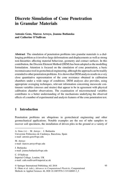 Pdf Discrete Simulation Of Cone Penetration In Granular Materials