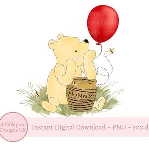 Classic Winnie The Pooh Red Balloon Birthday Sublimation Design Png
