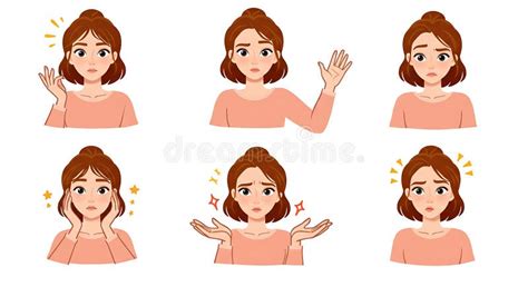 Illustration Of A Woman With Short Brown Hair In Various Emotional