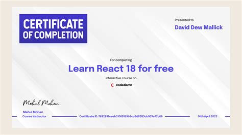 David Dew Mallicks Certification For Learn React 18 For Free Codedamn