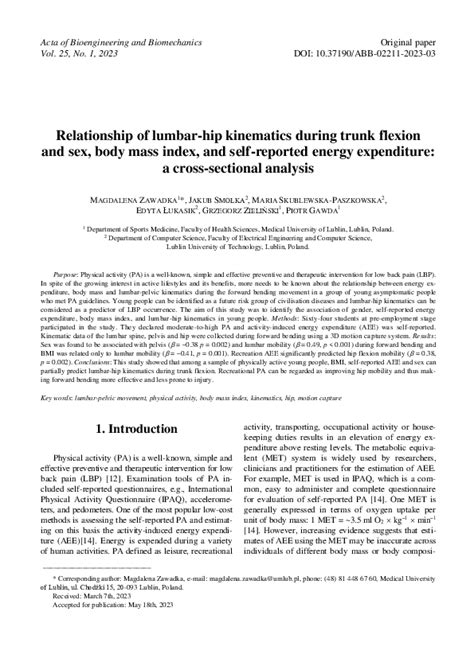 Pdf Relationship Of Lumbar Hip Kinematics During Trunk Flexion And Sex Body Mass Index And