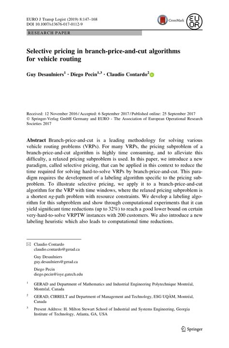 Pdf Selective Pricing In Branch Price And Cut Algorithms For Vehicle Routing