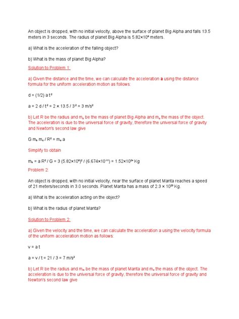 Gravity Problems With Solutions And Explanations Pdf Acceleration