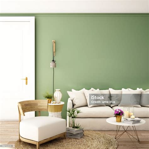 나무 바닥 및 백색과 깊은 스 칸디 나 비아 스타일 배경에서 녹색에 거실에 소파 공장 Sidetable 리셉션 인테리어 디자인