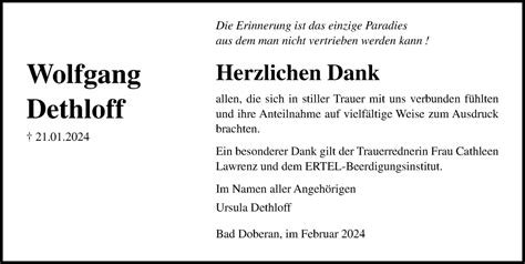 Traueranzeigen Von Wolfgang Dethloff Trauer Anzeigende
