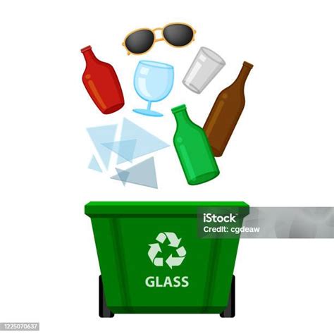 유리 폐기물 및 녹색 재활용 플라스틱 쓰레기통 흰색 배경에 고립 플라스틱 쓰레기통 및 유리 병 쓰레기 폐유리 병 일러스트 클립
