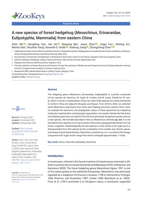 Pdf A New Species Of Forest Hedgehog Mesechinus Erinaceidae