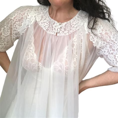 Vintage 50s 60s Sheer Lace Peignoir Shadowline Gem