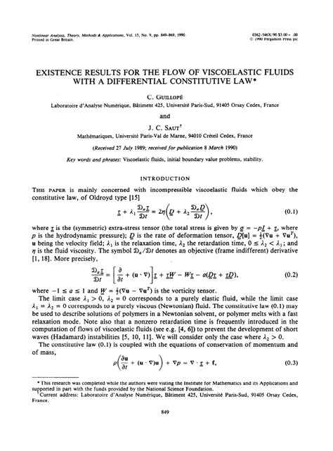 Pdf Existence Results For The Flow Of Viscoelastic Fluids With A Differential Constitutive Law1