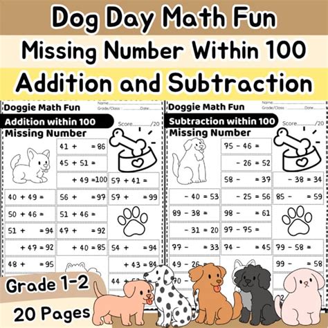 Dog Missing Number Addition And Subtraction Within 100 Worksheets Grade 1 2