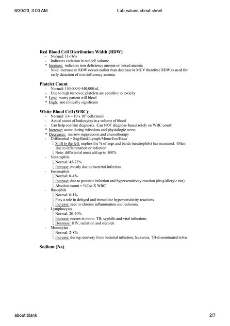 SOLUTION: Lab values cheat sheet - Studypool