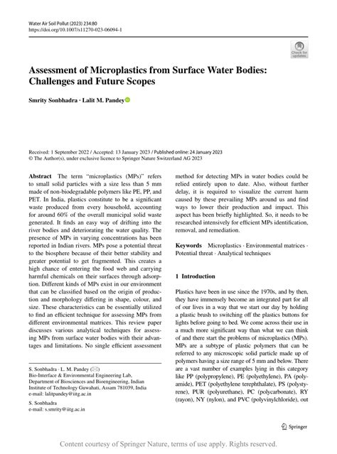 Assessment Of Microplastics From Surface Water Bodies Challenges And Future Scopes Request Pdf