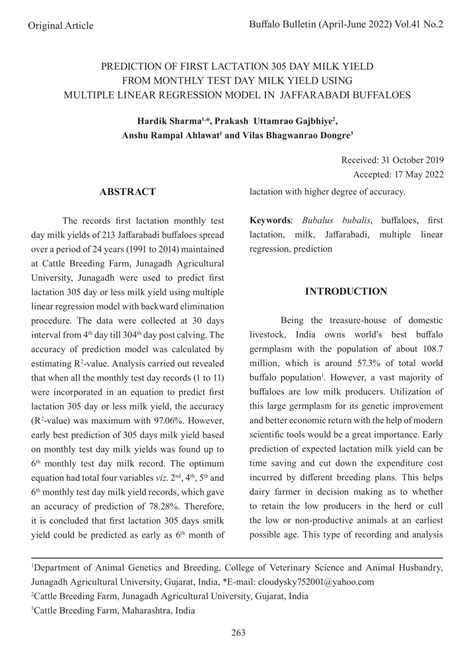 Pdf Prediction Of First Lactation 305 Day Milk Yield From Monthly Test Day Milk Yield Using