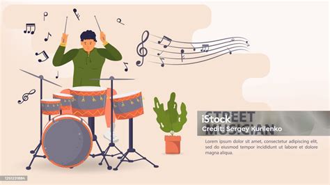 배너 거리 뮤지션 남자 연주 드럼과 심벌즈 음악 노트 플랫 벡터 일러스트 만화 Classical Concert에 대한 스톡 벡터