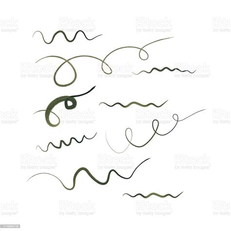 녹색 선입니다 추상적 인 손으로 그린 녹색 수채화 브러시 스트로크 물결 모양의 선과 낙서의 집합입니다 흰색 배경에서 격리된 벡터 요소입니다 0명에 대한 스톡 벡터 아트 및