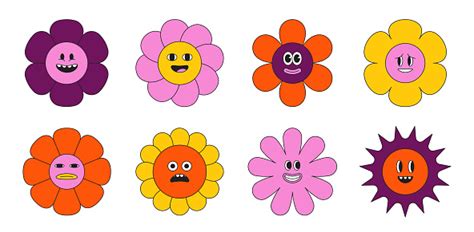 단순한 순진하고 히피족의 그루비 스타일의 벡터 일러스트레이션 웃는 얼굴 스티커 포스터 디자인 템플릿 행복한 꽃 프린트가 있는 꽃과 식물 미소에 대한 스톡 벡터 아트 및 기타