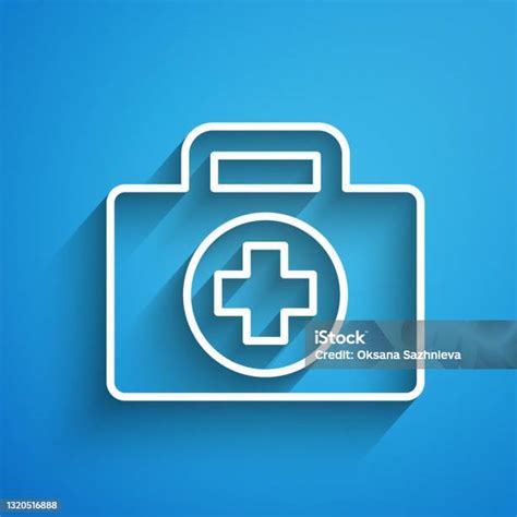 파란색 배경에 격리 된 흰색 라인 응급 처치 키트 아이콘 십자가가 있는 의료 상자 응급 의료 장비 헬스케어 개념 긴 그림자 벡터 0명에 대한 스톡 벡터 아트 및 기타 이미지