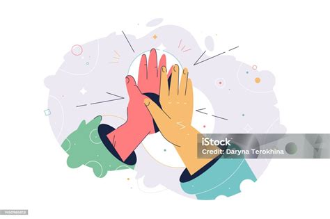 손은 함께 하이파이브를 합니다 다양한 국적의 추상적 인 개념은 성공적인 결과를 위해 함께 협력합니다 팀 축하 승리 및 목표 달성