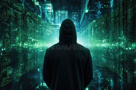 rear view of hacker in hoodie looking at night city with binary code
