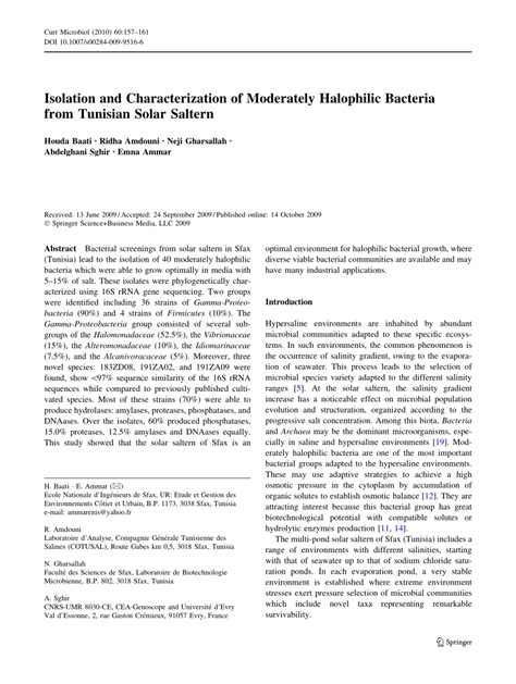 Pdf Isolation And Characterization Of Moderately Halophilic Bacteria From Tunisian Solar Saltern