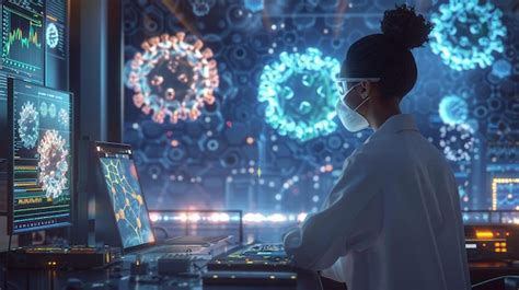 Futuristic Lab Scientist Analyzing Viral Structures Premium Ai Generated Image