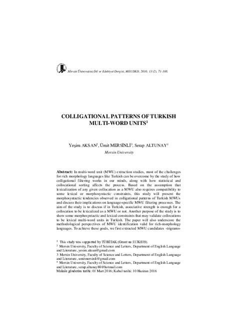 Pdf Colligational Patterns Of Turkish Multi Word Units 1