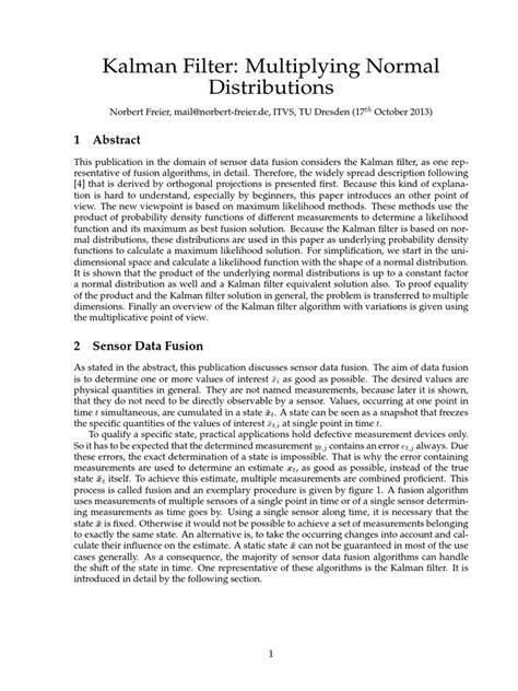 Kalman Filter Multiplying Normal Distributions Pdf Kalman Filter Normal Distribution