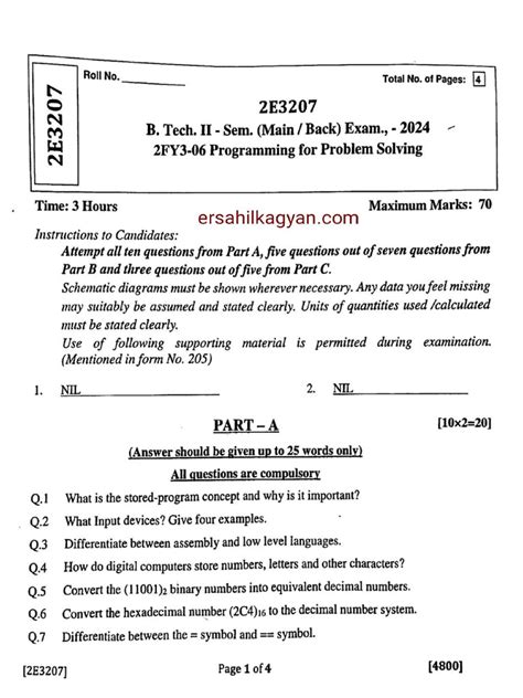 Btech 2 Sem Programming For Problem Solving 2e3207 2024 Pdf