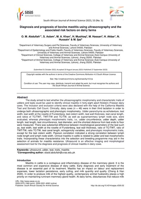 Pdf Diagnosis And Prognosis Of Bovine Mastitis Using Ultrasonography And The Associated Risk