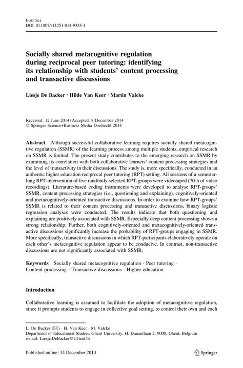 Pdf Socially Shared Metacognitive Regulation During Reciprocal Peer Tutoring Identifying Its