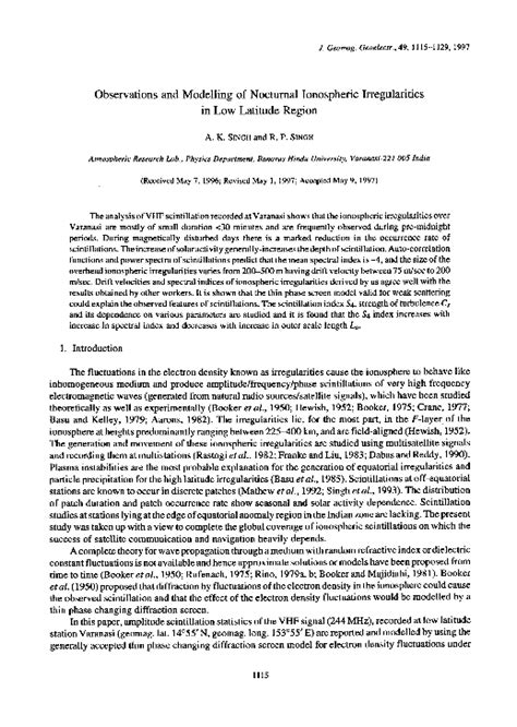 Pdf Observations And Modelling Of Nocturnal Ionospheric Irregularities In Low Latitude Region