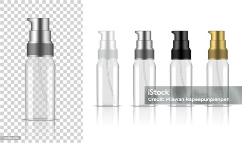 투명 한 병 배경 일러스트에 금속 흰색 검은 색 및 금 모자와 스킨 케어 제품 포장에 대한 3d 모의 현실적인 펌프 화장품 또는