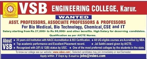 Vsb Engineering College Karur Wanted Assistant Professor Associate