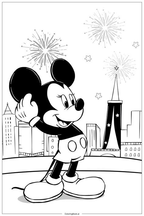 Feuerwerk über Einer Stadt Mit Mickey Mouse Ausmalbild Kostenloses Pdf