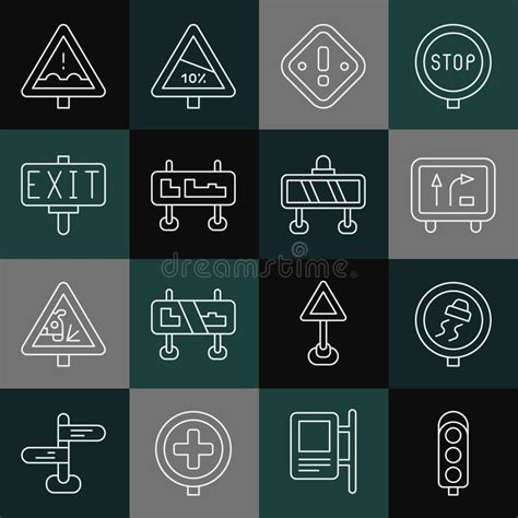 Set Line Traffic Light Slippery Road Traffic Road Sign Exclamation Mark In Triangle Fire