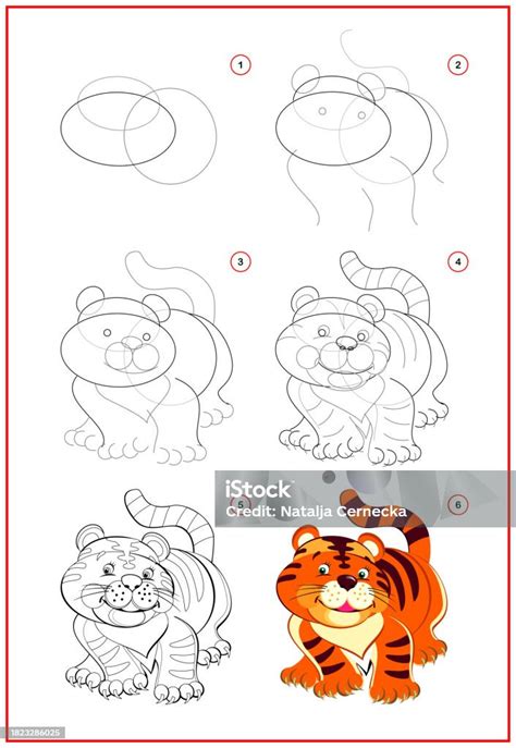 귀여운 작은 장난감 호랑이를 단계별로 그리는 방법을 배우는 방법을 보여줍니다 아이들의 그림 그리기와 색칠 기술 개발 어린이 학교