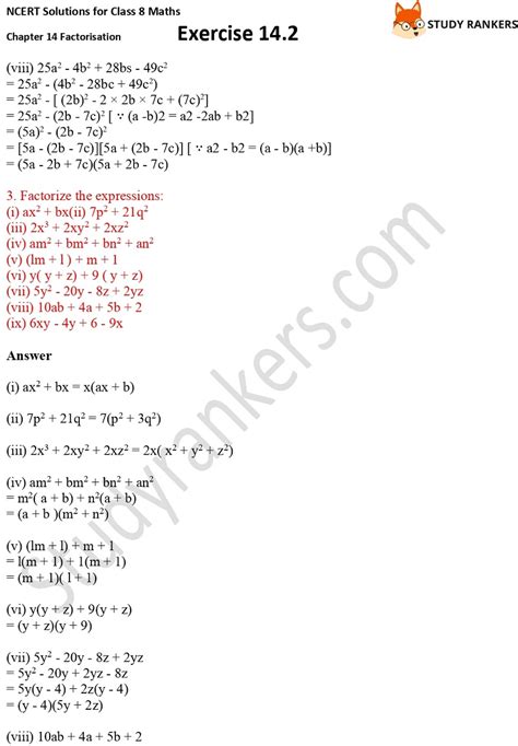 Ncert Solutions For Class 8 Maths Ch 14 Factorization Exercise 14 2