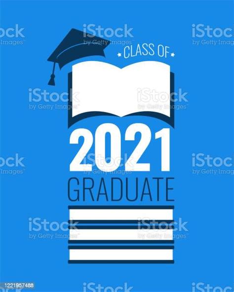 2021 년 휴일의 클래스 흰색 번호 교육 학술 모자 및 파란색 배경에 오픈 책 졸업 디자인 프레임 고등학교 대학 축 하