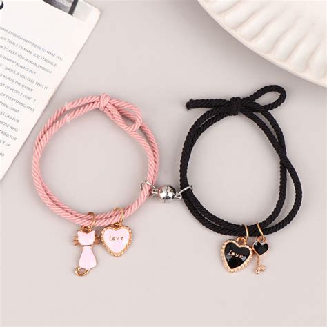 2pcs Cartoon Magnetic Couple Bracelets With Cat Love Heart Pendant Cute