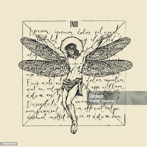잠자리 날개를 가진 예수 그리스도의 십자가에 못 박히다 스케치에 대한 스톡 벡터 아트 및 기타 이미지 스케치 예수 7대 죄악 Istock