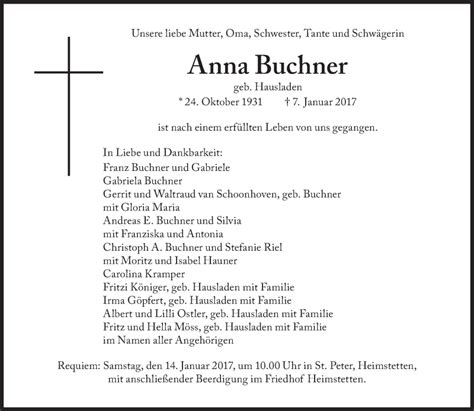 Traueranzeigen Von Anna Buchner Sz Gedenken De