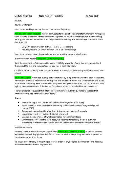 Lecture 5 Memory Forgetting Module Cognitive Topic Memory Forgetting Lecture No 5