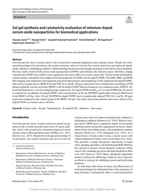 Sol Gel Synthesis And Cytotoxicity Evaluation Of Selenium Doped Cerium Oxide Nanoparticles For