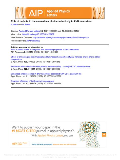 Pdf Role Of Defects In The Anomalous Photoconductivity In Zno Nanowires