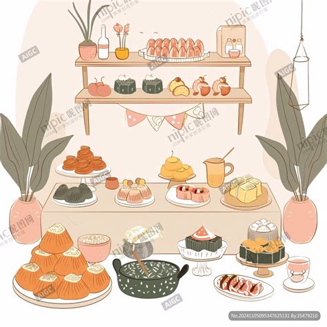 ai创作图糕点铺插画 甜品区素材 传统糕点铺插画 小饭桌插画 架子桌甜品 自助餐插画 传统糕点插画 年糕店插画 吃糕点插画 苏杭糕点插画 中式
