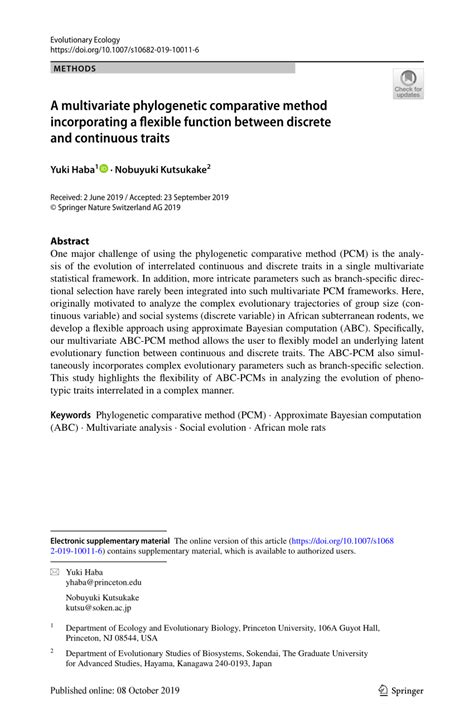 Pdf A Multivariate Phylogenetic Comparative Method Incorporating A Flexible Function Between