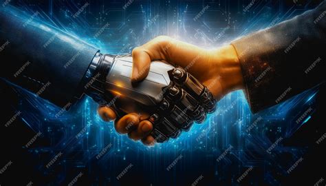 Human And Robotic Handshake Symbolizing Technology Collaboration With A