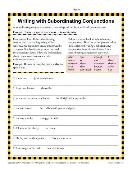 Writing With Subordinating Conjunctions 3rd Grade Conjunction Worksheets