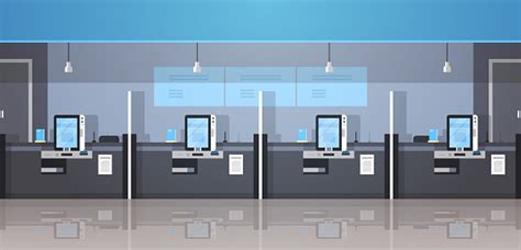 셀프 서비스 기계 결제 터미널 윈도우 금융 개념 장비 현대 은행 사무실 인테리어 가로 배너 플랫 은행 행 Bank Branch에 대한 스톡 벡터 아트 및 기타 이미지