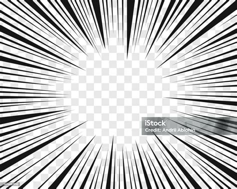 만화책 페이지의 디자인 만화 강조 효과 투명한 배경에 방사형 검은색 선입니다 만화 스플래시 폭발 힘 비명 모션 버스트 시각화 광선에 대한 스톡 벡터 아트 및 기타 이미지